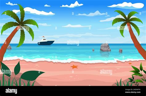 Cartoon Summer Beach Seaside Landscape Tropical Beach Relax Vector