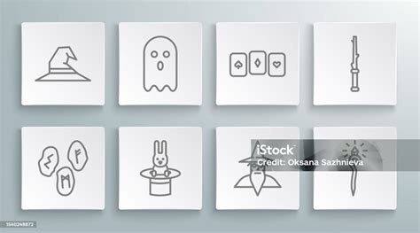 세트 라인 마법 룬 유령 마술사 모자와 토끼 마법사 흑마법사 지팡이 카드 놀이 지팡이 및 마녀 아이콘 벡터 가공의 인물에 대한 스톡 벡터 아트 및 기타 이미지 Istock