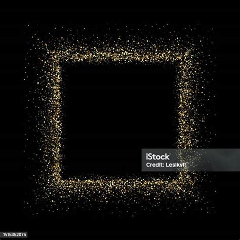 금 반짝이가있는 사각형 프레임 검은 배경에 고립 된 벡터 골드 먼지 엽서 청첩장 휴가 포스터 및 전단지에 대한 템플릿 색종이 조각에 대한 스톡 벡터 아트 및 기타 이미지