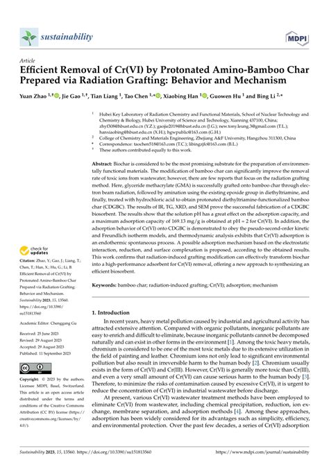 Pdf Efficient Removal Of Cr Vi By Protonated Amino Bamboo Char Prepared Via Radiation