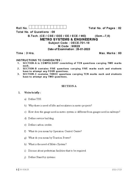 Btech Civil Cse Eee Ee Ece Me 7 Sem 8 Sem Metro Systems And Engineering