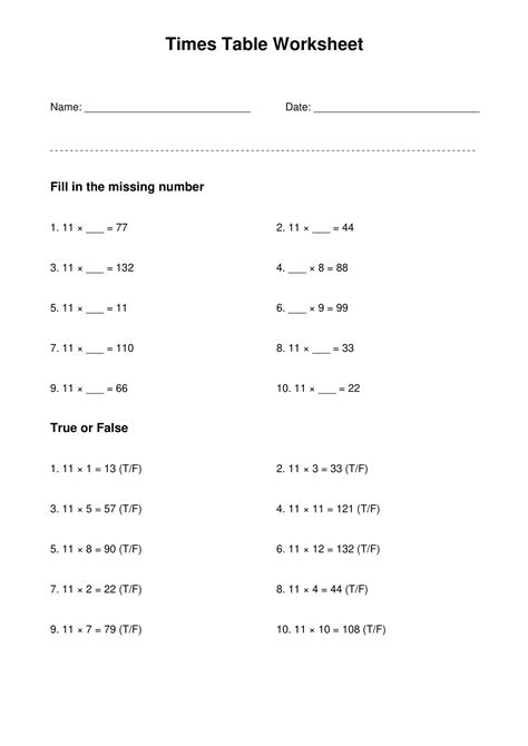 11 Times Table Worksheets