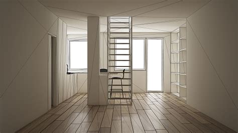 청사진 스케치 초안 디자인 컨셉 건축가 디자이너 프로젝트 미니멀리스트 거실 주방 및 나무 계단 마루 바닥 인테리어 디자인 아이디어 흰색 현대적인 계단 가정 주방에 대한 스톡