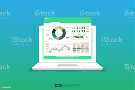 랩톱 장치 화면에 웹 통계 분석 차트 평면 벡터 인포그래픽 동향 그래프 정보 보고서 개념 기획 및 회계 분석 감사 관리 마케팅