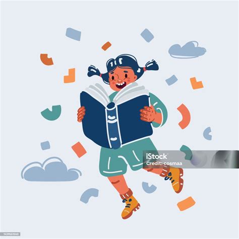 행복한 어린 소녀 아이가 동화 속 세계를 즐기는 책과 함께 날아가는 벡터 그림 웃는 꿈꾸는 작은 십대 아이는 문학 읽기를 즐기고 새로운 지평을 엽니다 책 애호가 도서관 및