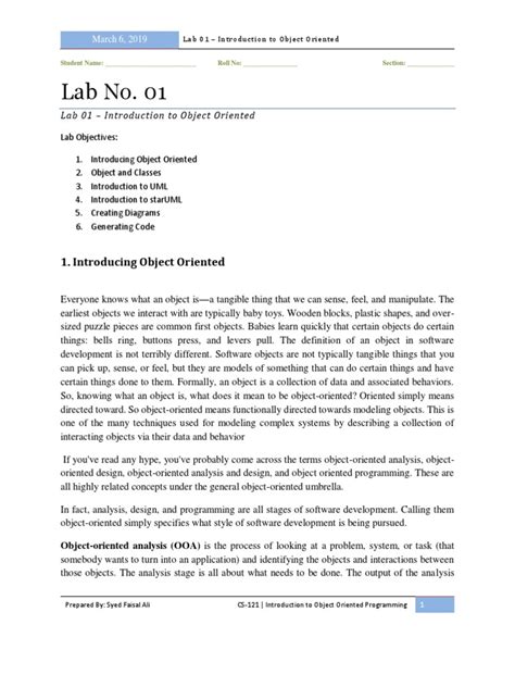 Object Oriented Programming Lab 1 Pdf Class Computer Programming