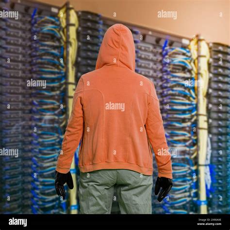 rearview shot of a male hacker cracking a ai code in a data center of