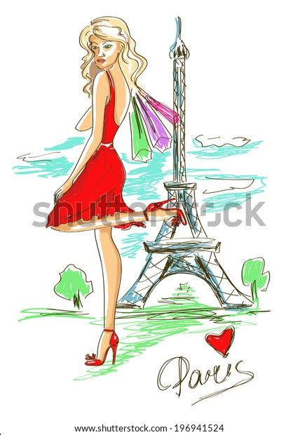 Sketch Illustration Fashion Girl Eiffel Tower Stock Vector Royalty Free 196941524 Shutterstock