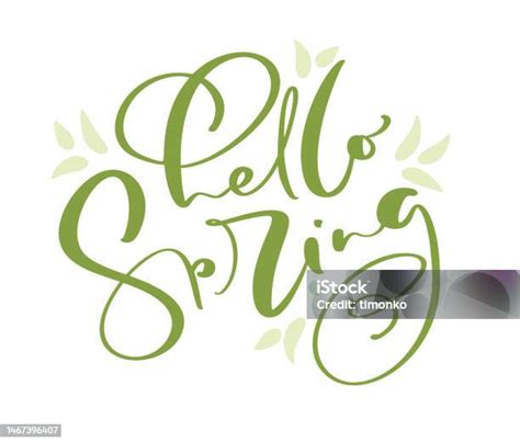 손으로 그린 벡터 녹색 텍스트 안녕하세요 봄입니다 동기 부여 및 영감을주는 시즌 인용문 붓글씨 카드 머그잔 사진 오버레이 티셔츠 프린트 전단지 포스터 디자인 계절에 대한