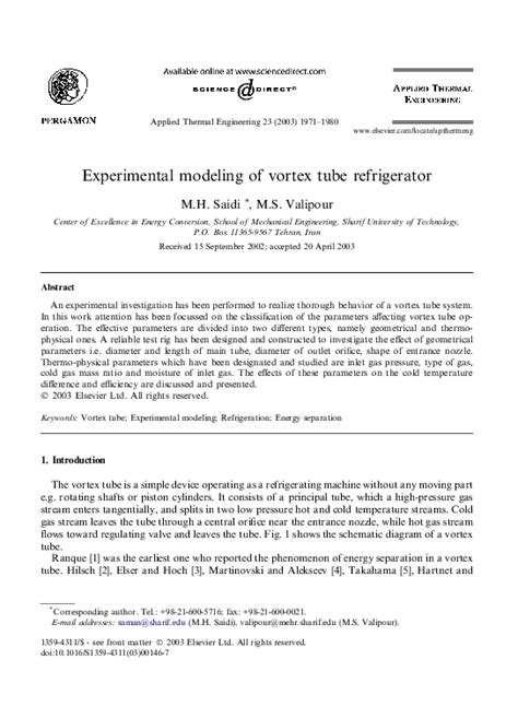 Pdf Experimental Modeling Of Vortex Tube Refrigerator