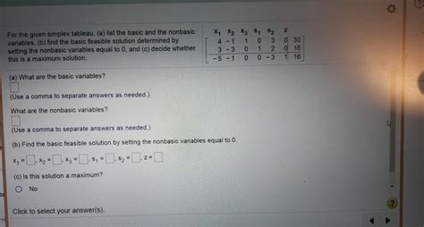 Solved For The Given Simplex Tableau A List The Basic And