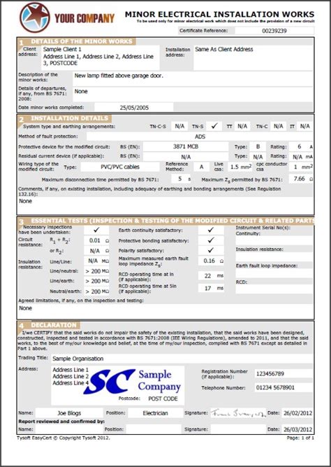 Electrical Minor Works Certificate Template 8 Templates Example
