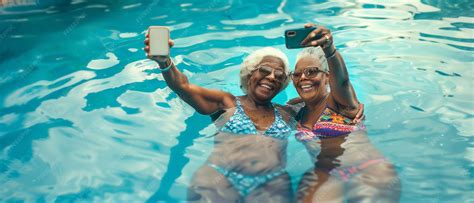 Premium Photo Two Older Women Smiling And Taking Selfies While Wading