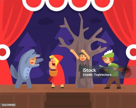 어린이 극장 공연 빨간 후드 동화 쇼 장면을 수행하는 어린이 배우 레드 커튼 벡터 일러스트 아이에 대한 스톡 벡터 아트 및 기타 이미지 Istock