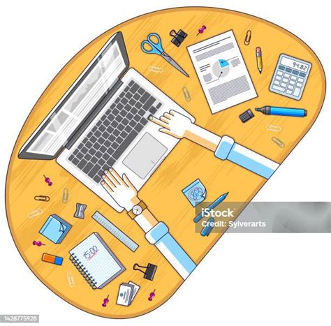 사무실 직원 또는 기업 업무 용 작업 대 작업 대 작업 장 손과 Pc 노트북 및 작업 상단 보기등 다양 한 문구 가용 모든 요소는 별도로 사용하기 쉽습니다 벡터 그림입니다
