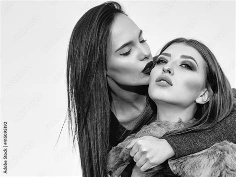 Sexy Lesbians Woman With Fashion Makeup Embracing And Kissing Copy