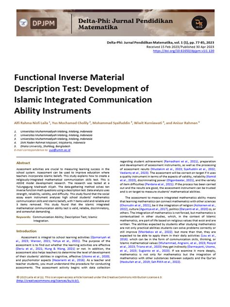 Functional Inverse Material Description Test Development Of Islamic Integrated Communication