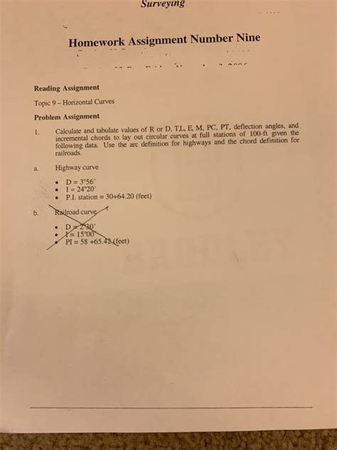 Solved Surveying Homework Assignment Number Nine Reading