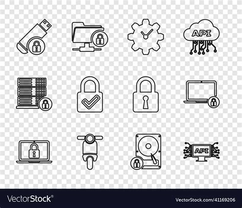 Set Line Laptop And Lock Computer Api Interface Vector Image