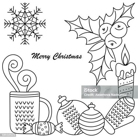 아이들을위한 크리스마스 낙서 색칠 공부책 따뜻한 니트 장갑 향기로운 음료 사탕과 눈송이 잎과 홀리 과일의 컵 손으로 그린 스케치 0명에 대한 스톡 벡터 아트 및 기타 이미지