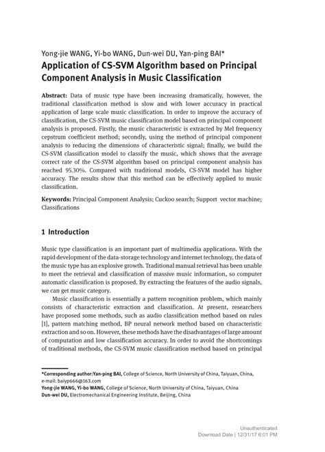 Pdf Application Of Cs Svm Algorithm Based On Principal Component Analysis In Music