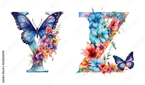 Floral Alphabet With Butterfly Watercolor Clipart 04 Generative Ai
