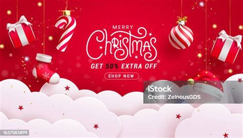 메리 크리스마스 텍스트 판매 벡터 배너 디자인입니다 크리스마스 세일 프로모션 할인 혜택 종이 컷 구름과 매달린 크리스마스 요소 크리스마스에 대한 스톡 벡터 아트 및 기타