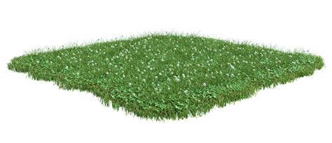 흰색 배경에 격리 된 클로버와 녹색 잔디로 덮여 사각형 표면 패치 디자인에 대한 사실적인 천연 요소 밝은 3d 일러스트레이션 0