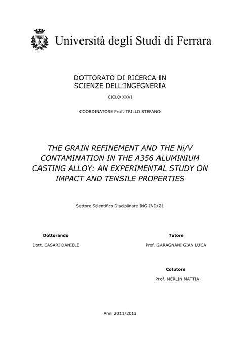 Pdf The Grain Refinement And The Ni V Contamination In The A356 Aluminium Casting Alloy An