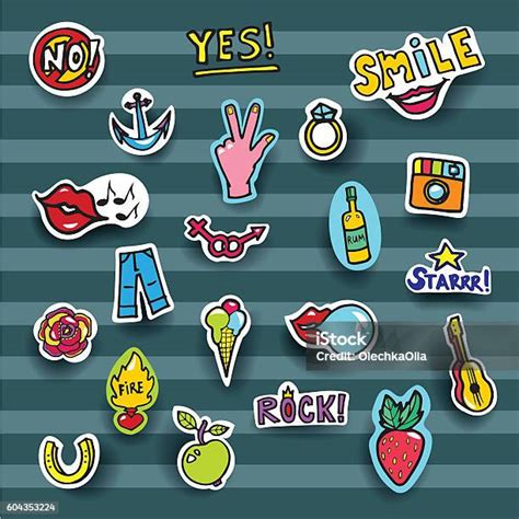 패션 패치 세트 현대 팝 아트 스티커 벡터 일러스트레이션 냉동식품에 대한 스톡 벡터 아트 및 기타 이미지 냉동식품 다중