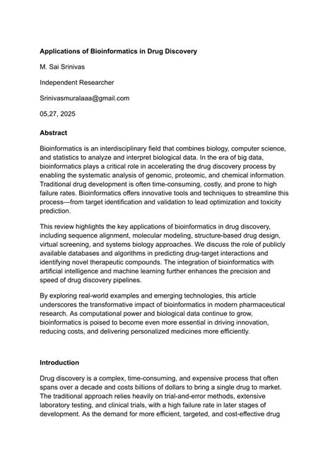 Pdf Applications Of Bioinformatics In Drug Discovery