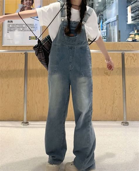 워싱 데님 포켓 멜빵팬츠 포시즌 와이드 점프수트 빈티지 맥시 연청 롱 팬츠 데일리 청바지