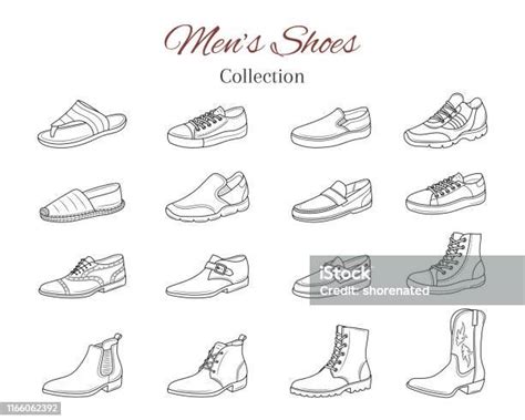 남성 신발 컬렉션입니다 남성 신발 캐주얼 부츠 운동화 정장 신발 벡터 스케치 일러스트 흰색 배경에 고립 된 다양한 유형의 신발에 대한 스톡 벡터 아트 및 기타 이미지