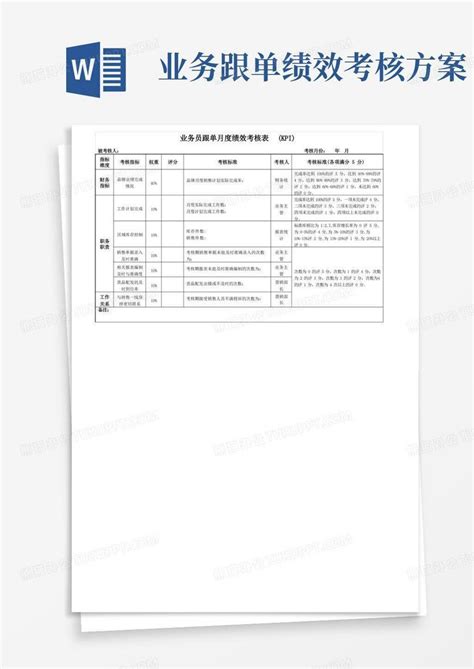 通用版业务员跟单月度绩效考核表 Kpi Word模板下载 编号qmzynbel 熊猫办公