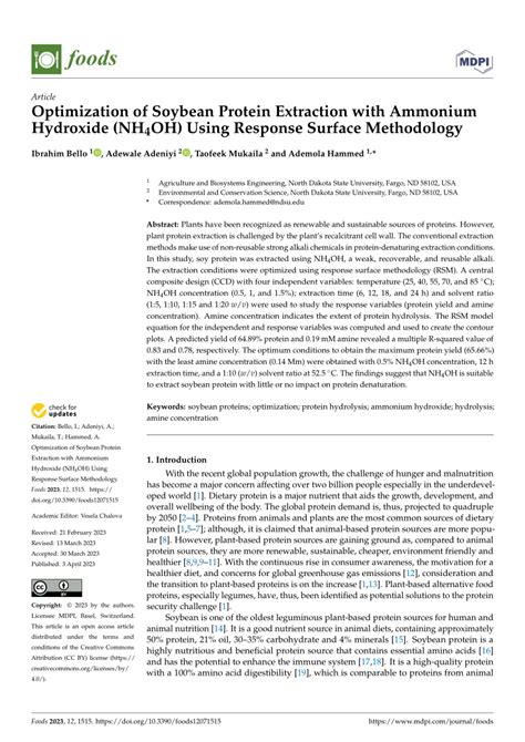Pdf Optimization Of Soybean Protein Extraction With Ammonium Hydroxide Nh4oh Using Response