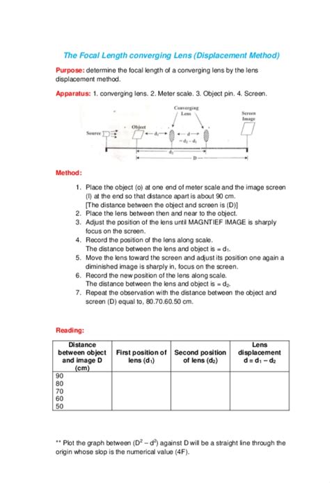 The Focal Length Converging Lens Displacement Method Purpose Determine