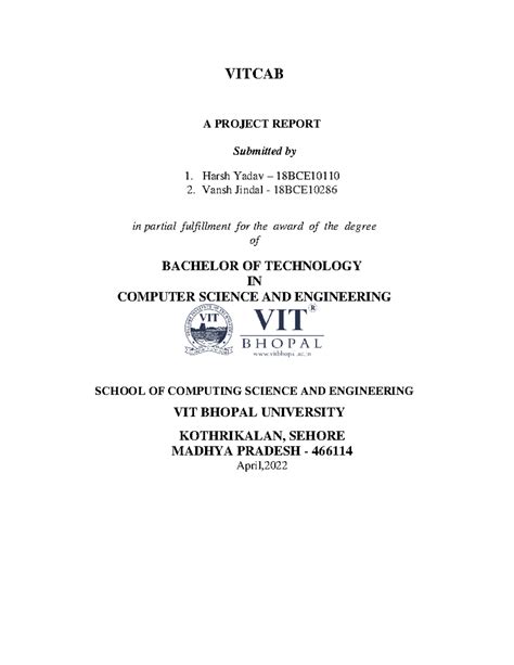 Capstone Project Report Vitcab A Project Report Submitted By 1 Harsh Yadav 18bce 2 Vansh