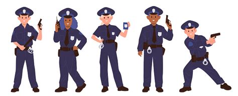 순찰복과 모자를 쓰고 총 라디오 또는 배지 세트를 들고 있는 어린이 경찰관 캐릭터 5명에 대한 스톡 벡터 아트 및 기타 이미지 5명 감시 개체 그룹 Istock