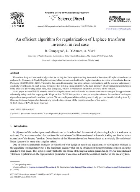 Pdf An Efficient Algorithm For Regularization Of Laplace Transform Inversion In Real Case