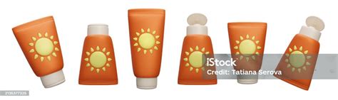 다른 3d 자외선 차단제 포장 병 벡터 일러스트 레이 션의 세트 여름 스킨케어 Spf 자외선 차단제 미용 화장품 귀여운 태양