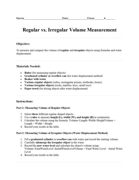 Volume Lab Measure Regular And Irregular Objects With Formulas And Displacement