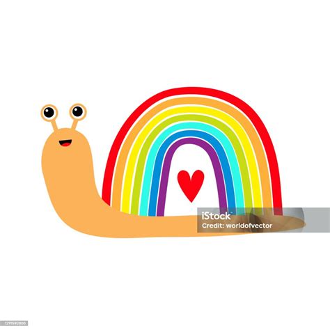 흰색 배경에 달팽이 곤충 버그 무지개 색 집 쉘 귀여운 만화 가와이 아기 재미있는 캐릭터 붉은 마음 다채로운 라인 세트 인사말