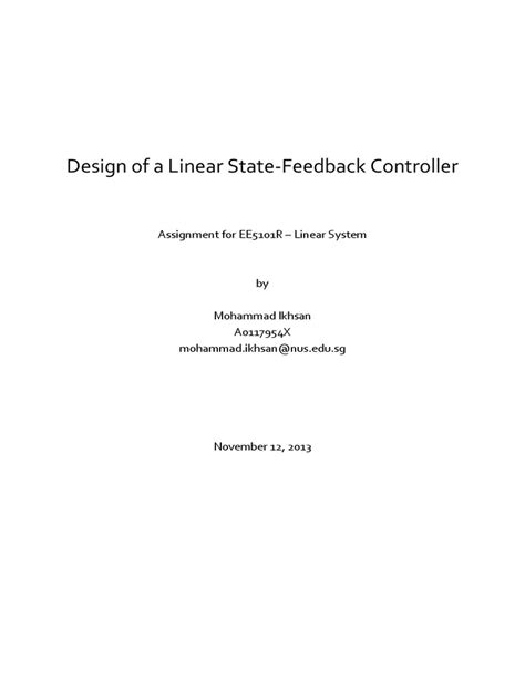Design Of A Linear State Feedback Controller Pdf Control Theory Analysis