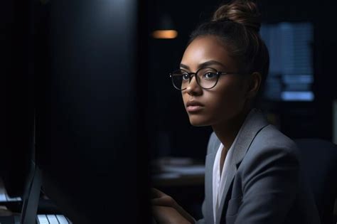 Premium Ai Image Portrait Of A Young Businesswoman Working On A Computer In An Office Created