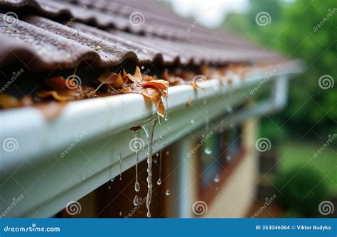 Rainwater Overflows From Clogged White Gutter Fallen Leaves Obstruct