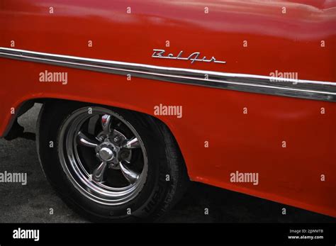 Vintage Red 1950 Chevrolet Bel Air Black Side Wall Wheel With Chrome