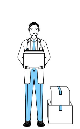 청진기가 달린 흰 코트를 입은 남성 의사 골판지 상자를 운반하기 위해 일하는 노인 중년 참전 용사 병원에 대한 스톡 벡터 아트