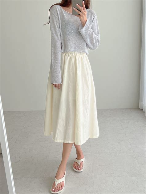 롬브 코튼 밴딩 셔링 플레어 롱 스커트 주름 면치마 플리츠 Helena