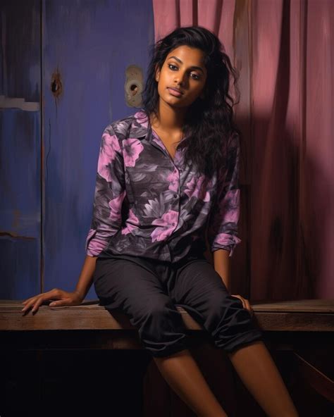 Tamil Woman In Brown Shirt Sitting On Wooden Bed Premium Ai Generated