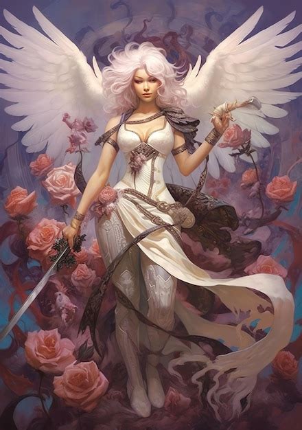 꽃 배경에 창과 방패를 들고 있는 반신반인의 3d 렌더링 그림 프리미엄 사진